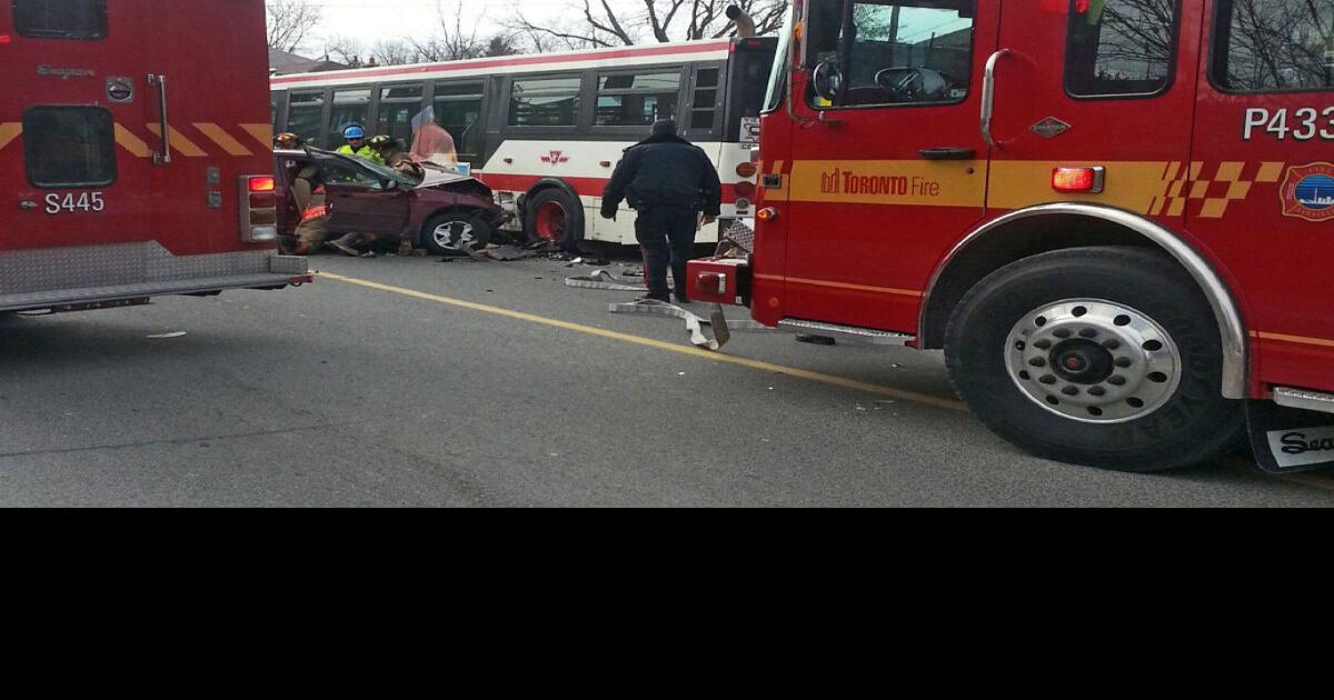 Driver crashes into TTC bus in Etobicoke