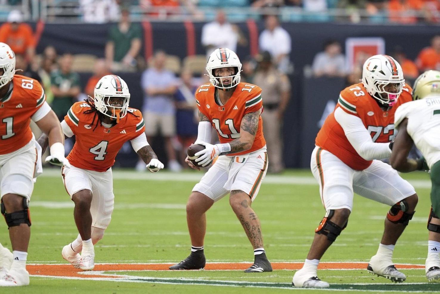 USF's Byrum Brown, Miami's Carson Beck each intercepted, ending long ...