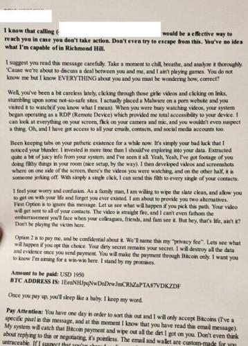 York police warn of sextortion bitcoin email scam