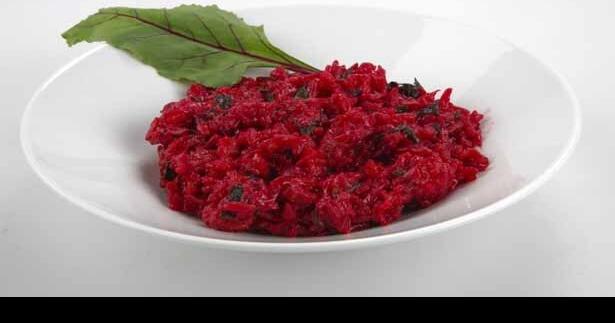 Beet risotto with rapini