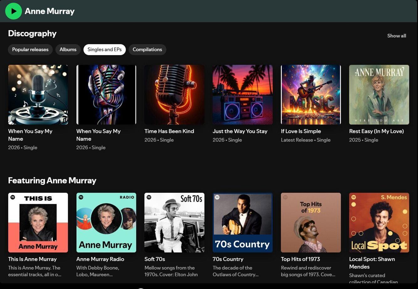 Fake Anne Murray songs believed to be AI appear on Spotify
