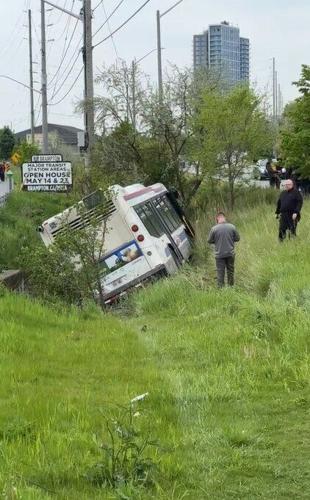 Brampton Transit bus swerves into ditch after collision