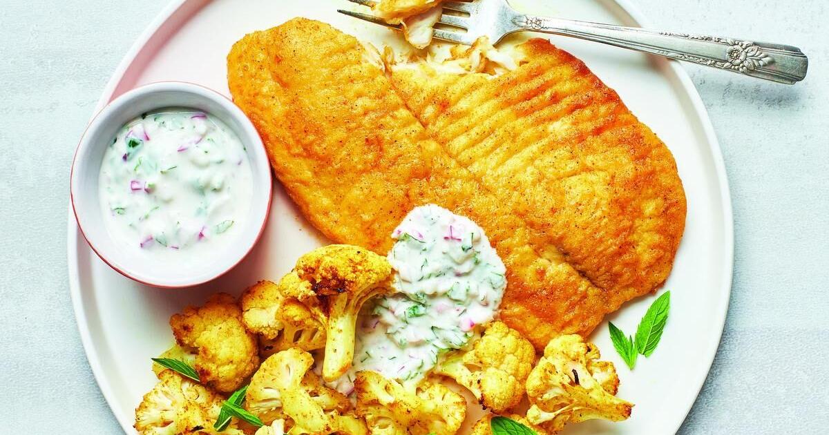 Curry Roasted Fish and Cauliflower with Radish Raita