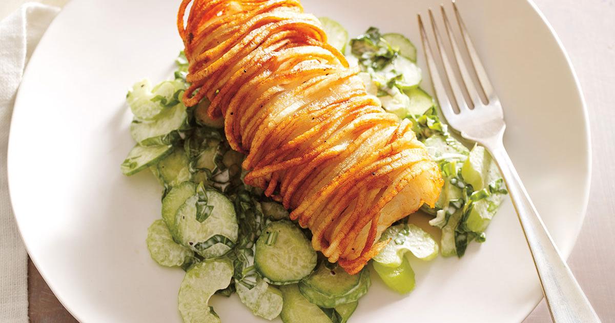 Potato-Wrapped Cod with Cucumber Salad