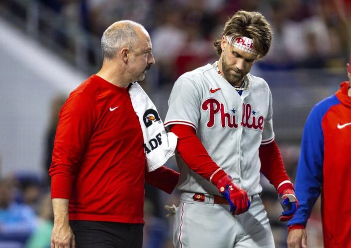Phillies’ Bryce Harper hit on surgically repaired elbow by pitch ...