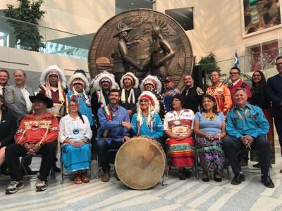 Chiefs gather at Edmonton’s city hall to commemorate Treaty Six signing