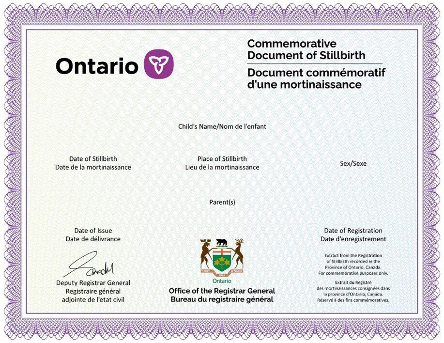 Ontario issues commemorative certificates for stillbirths