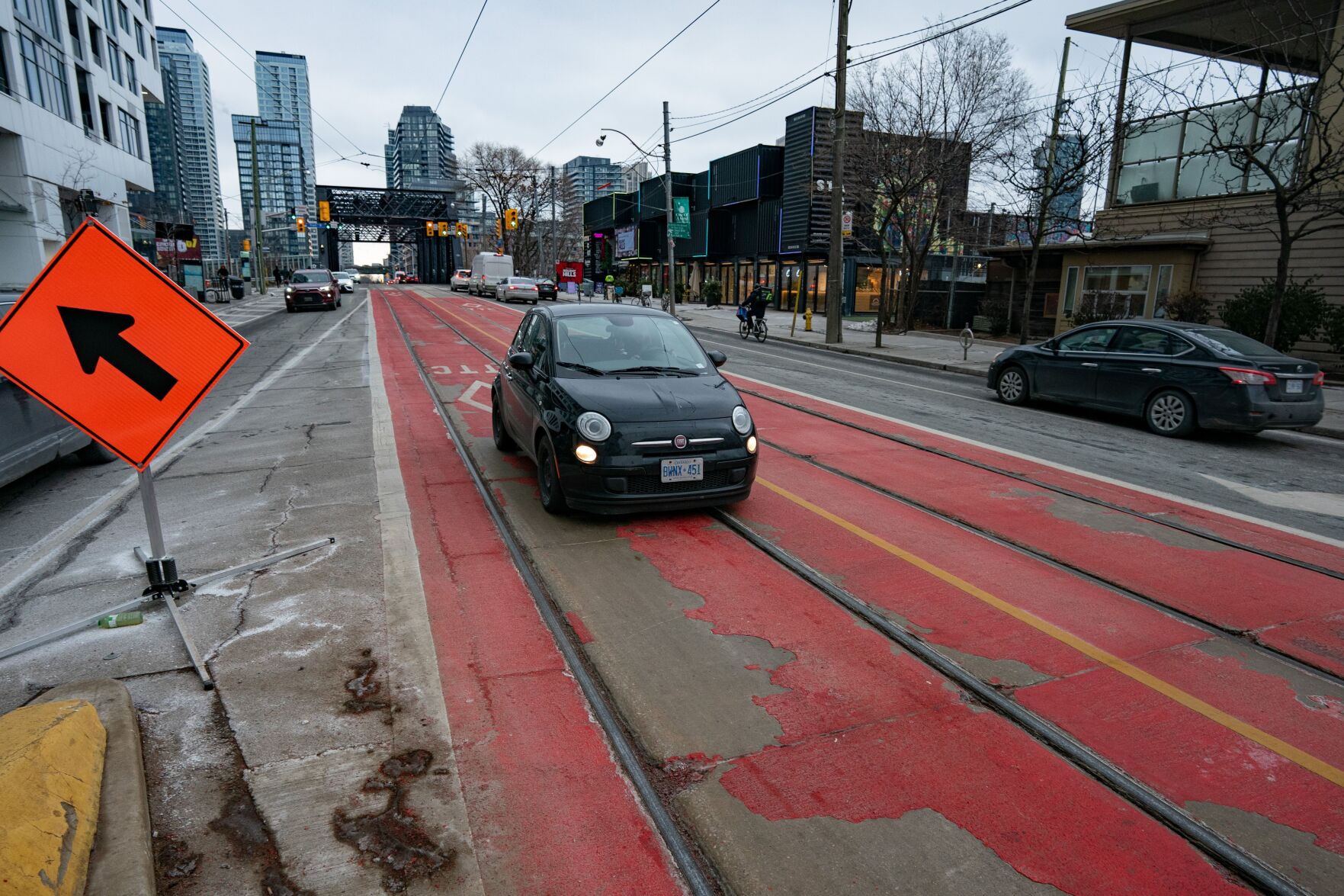 Priority streetcar lane paint peeling weeks after painted