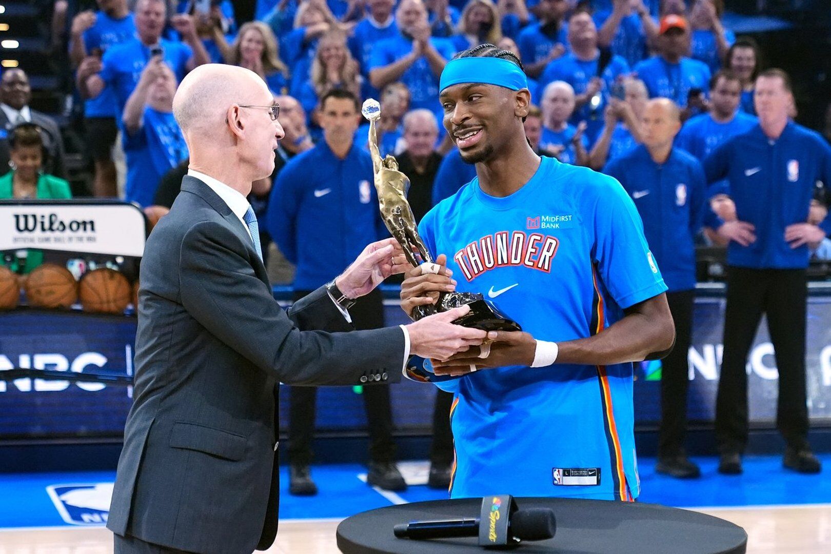 Shai Gilgeous-Alexander gets the MVP trophy from NBA Commissioner Adam ...