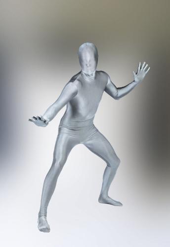 Up for grabs — a tight silver morph suit