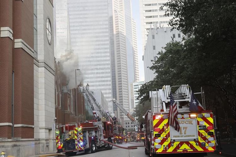 A fire severely damages the historic First Baptist Dallas church sanctuary