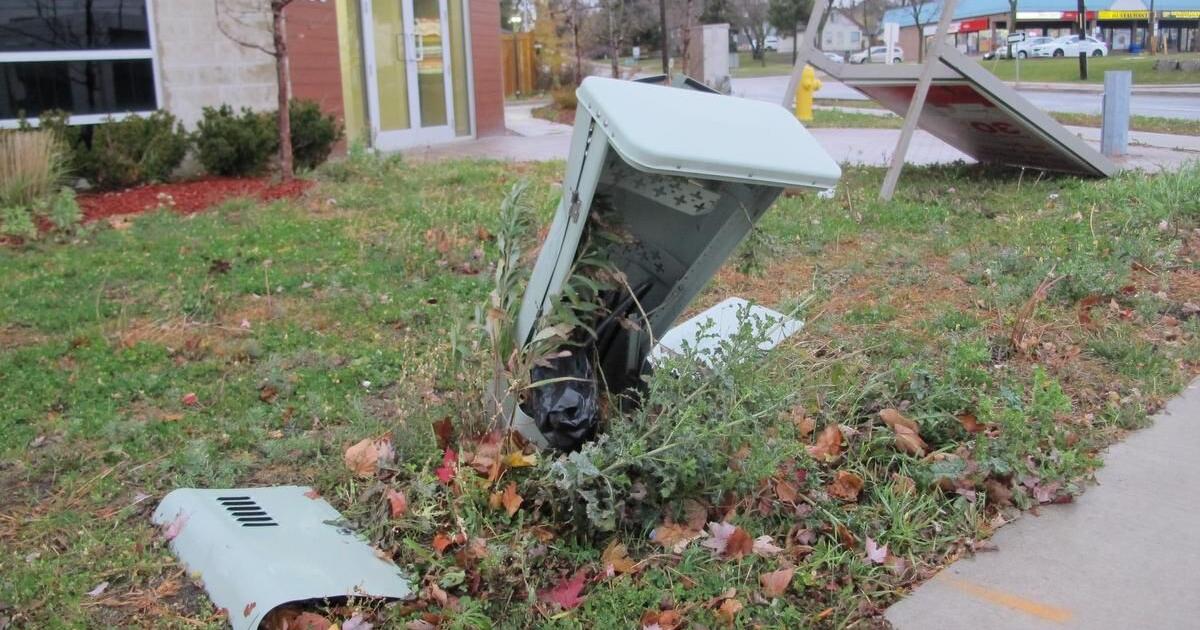 This Bell Canada telecom box was badly damaged more than a year ago ...