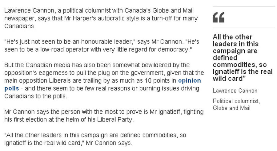 Cannon criticizes Harper? Layton is deputy mayor? BBC thinks so