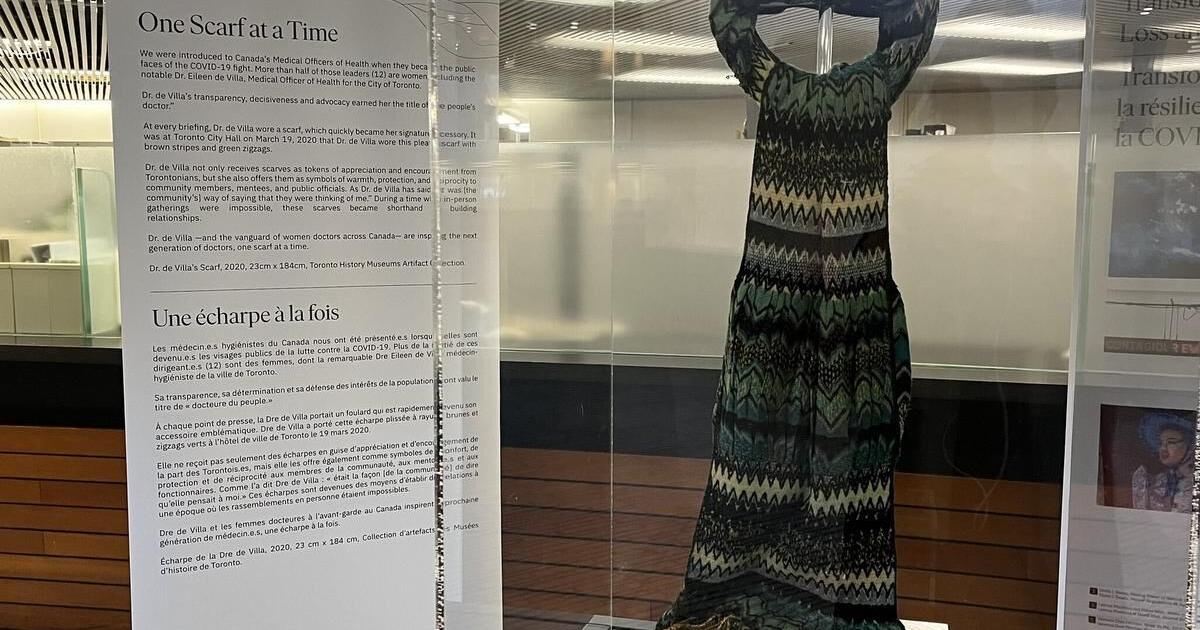 Eileen de Villa’s pandemic scarf on display at city hall