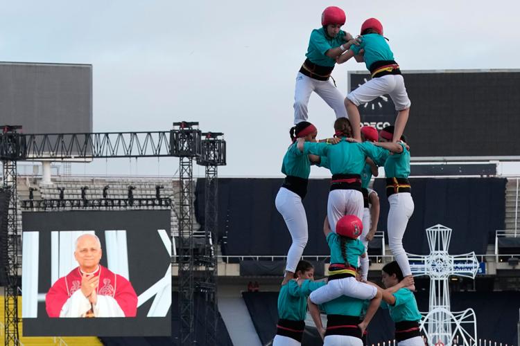 Catalonia's famed human tower climbers greet Pope Leo in Barcelona ...