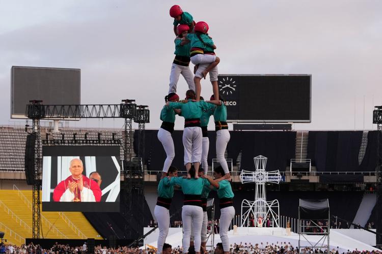 Catalonia's famed human tower climbers greet Pope Leo in Barcelona ...