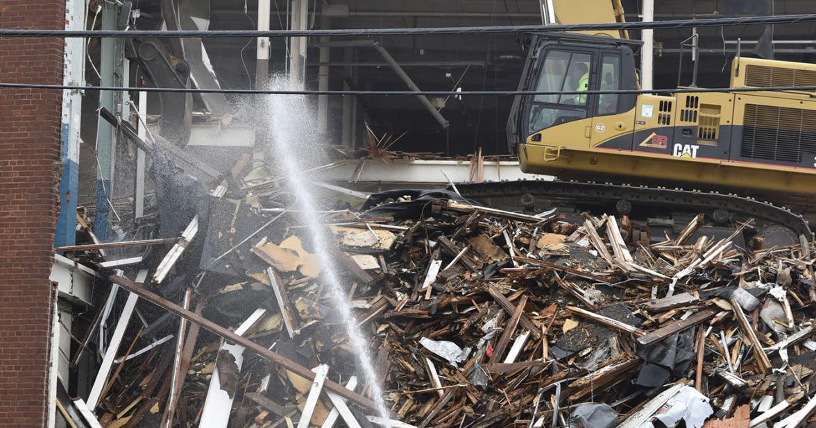 Huge heap of rubble following demo of first Swank building in Attleboro ...