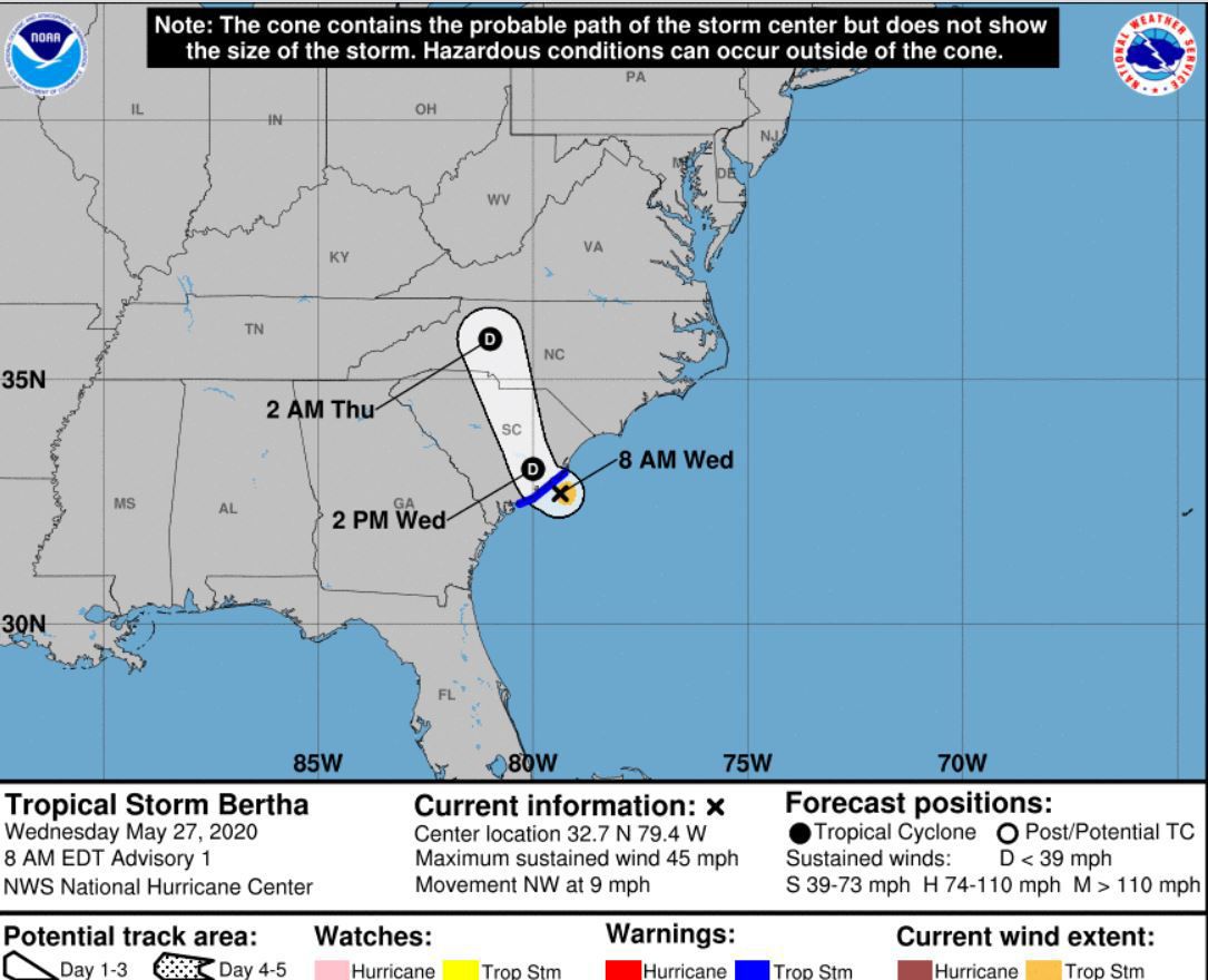 Tropical Storm Bertha forms, hits South Carolina coast