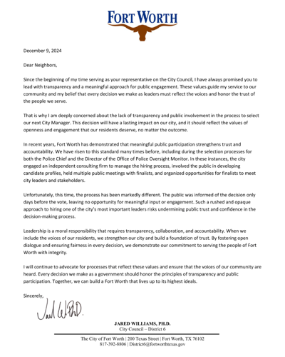 Jared Williams Letter | | The Texan