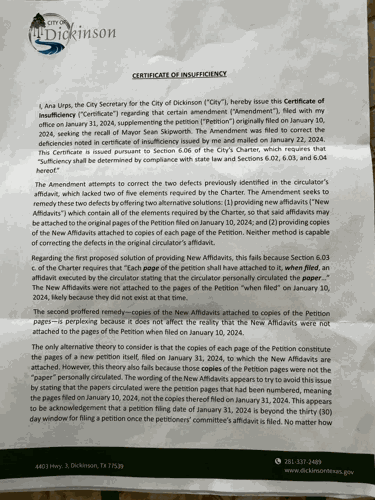 Dickinson Officials Reject Amended Petition to Recall Mayor Skipworth ...