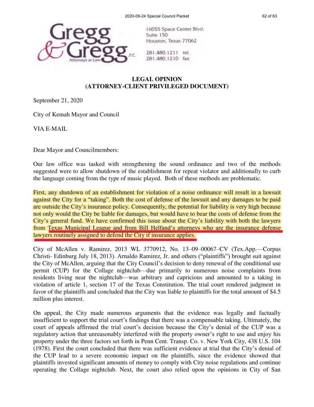 Gregg & Gregg Opinion Letter re exposure to takings claim and insurance ...