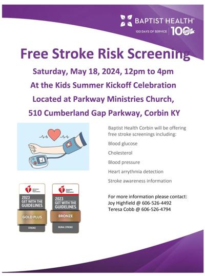 Free stroke screenings offered May 18 by Baptist Health as part of 100 Days of Service ...