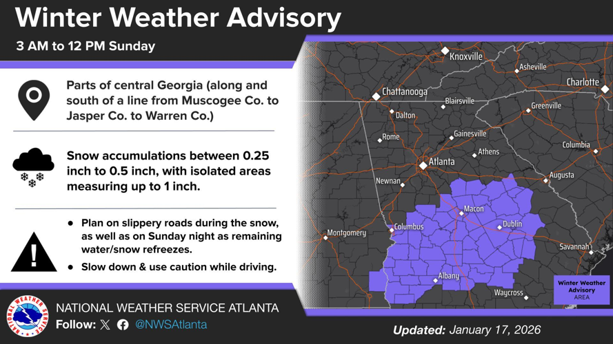 Winter Weather Advisory Issued for Central Georgia: Snow Possible Early ...