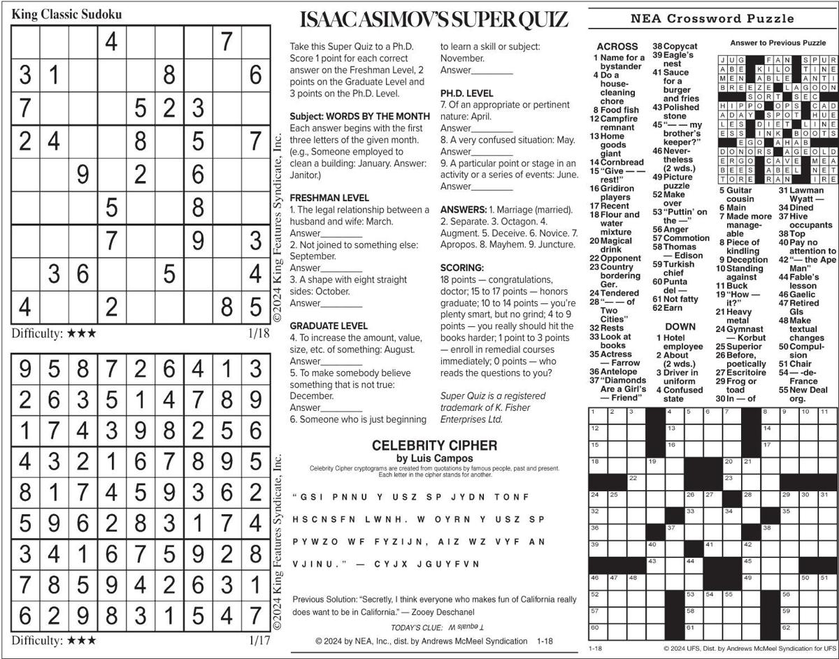 Thursday, January 18, 2024 Comics and Puzzles | Daily Comics | timeswv.com