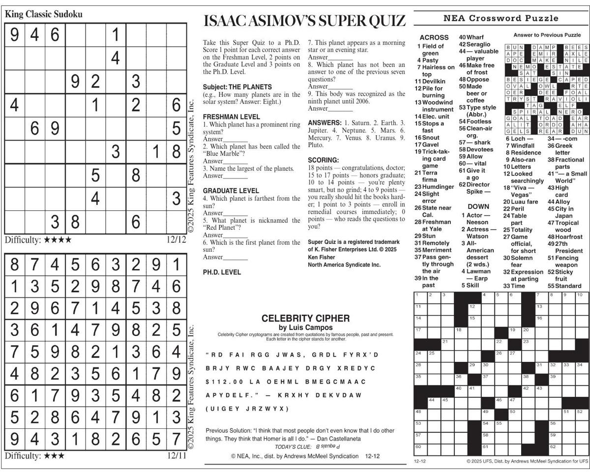 Friday, December 12, 2025 Comics and Puzzles | Daily Comics | timeswv.com