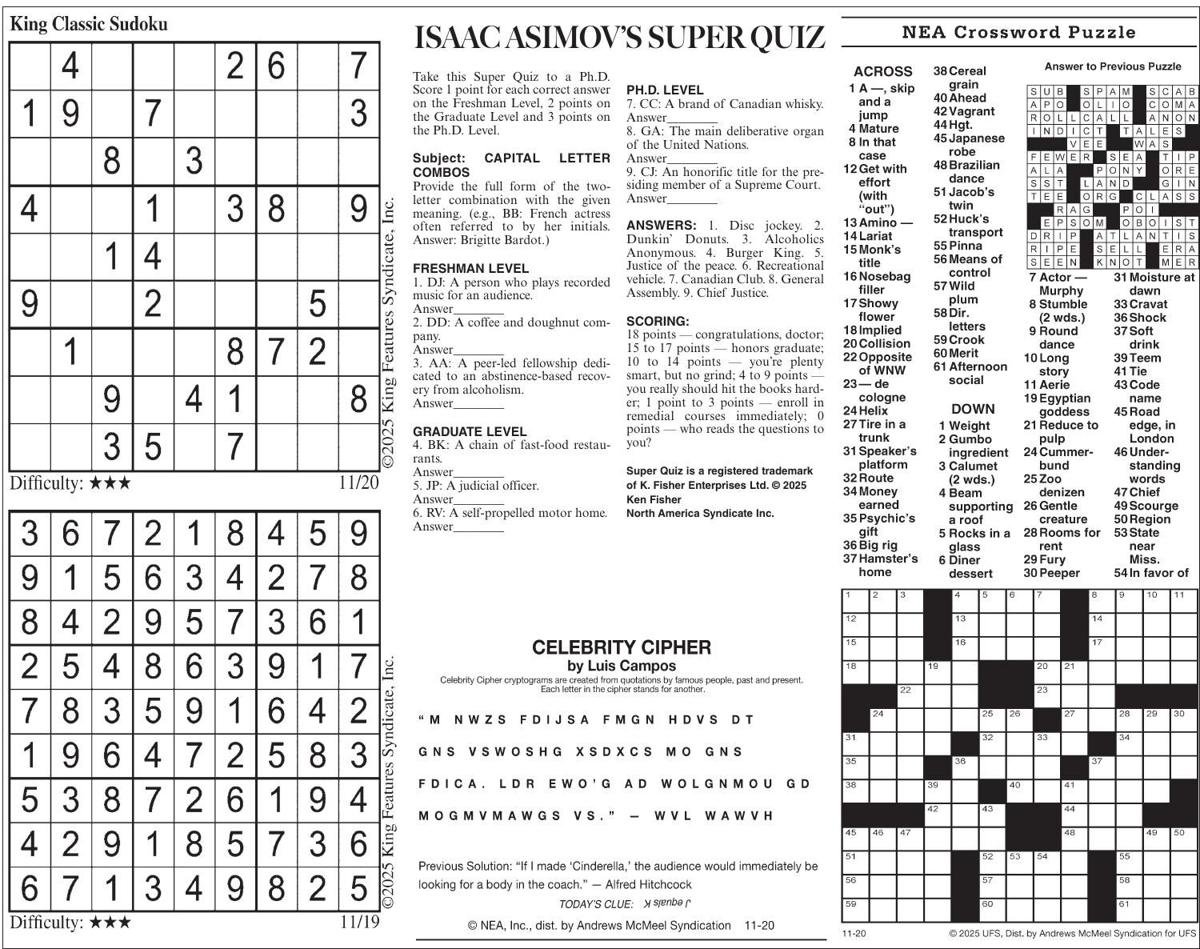 Thursday, November 20, 2025 Comics and Puzzles | Daily Comics | timeswv.com