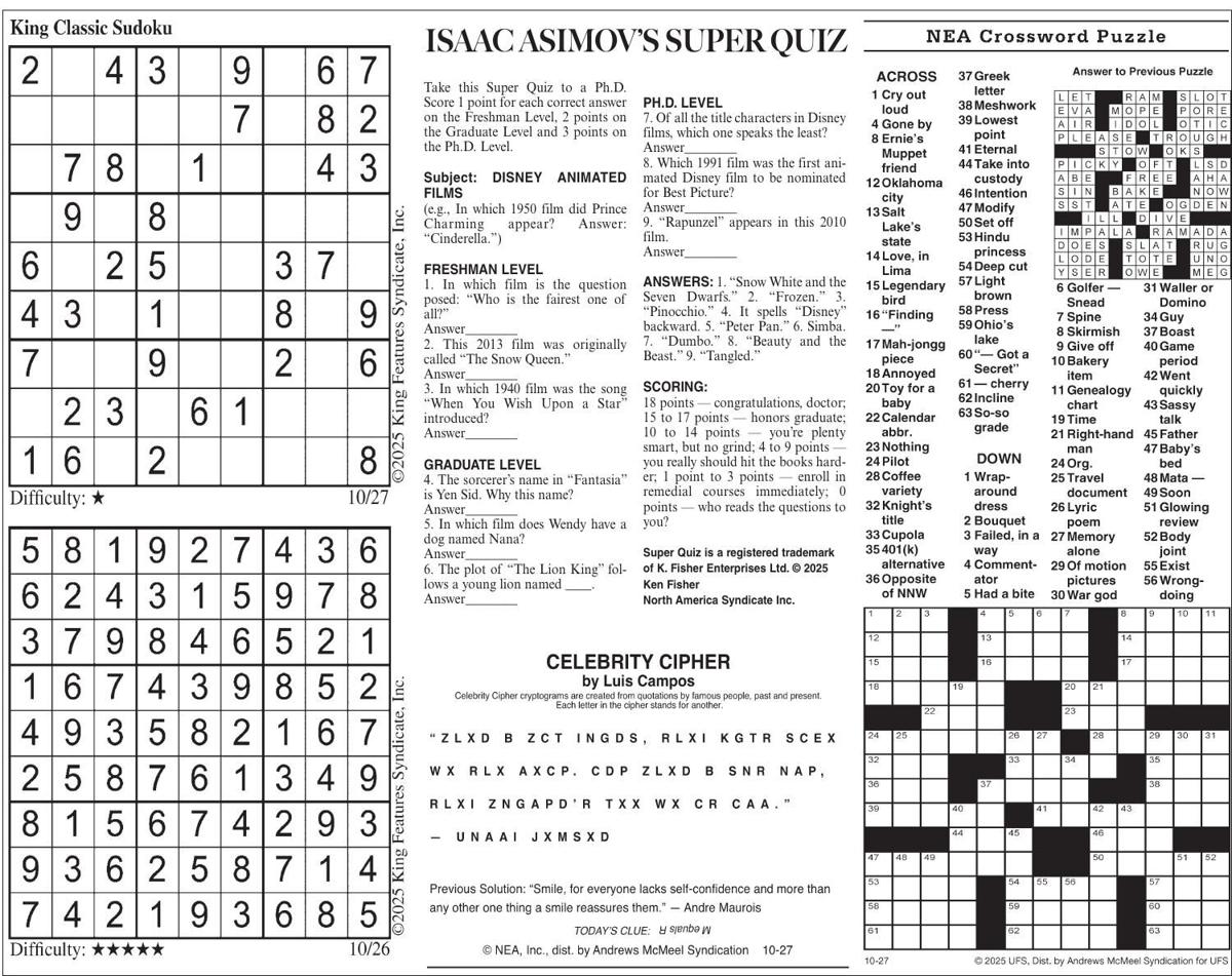Monday, October 27, 2025 Comics and Puzzles | Daily Comics | timeswv.com