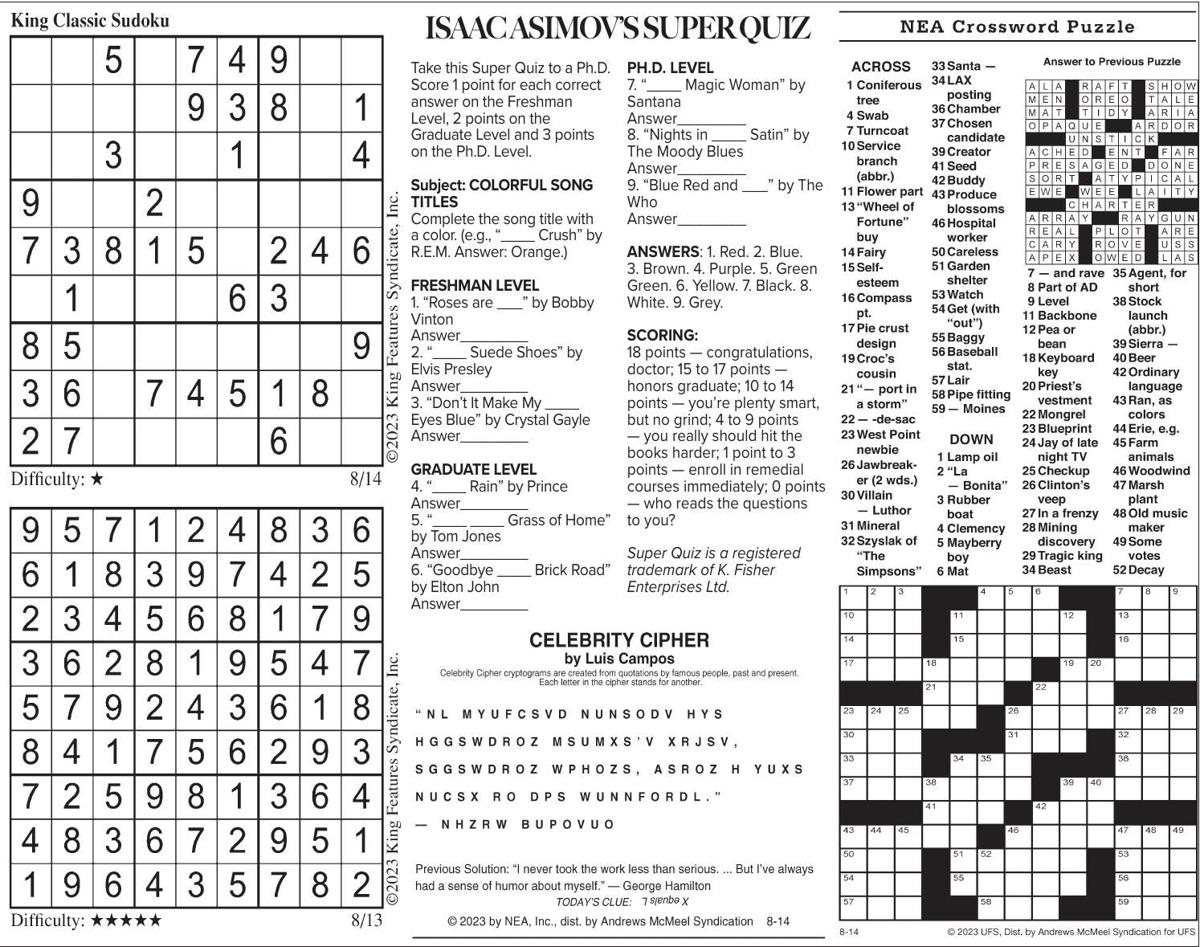 Monday, August 14, 2023 Comics and Puzzles | Daily Comics | timeswv.com