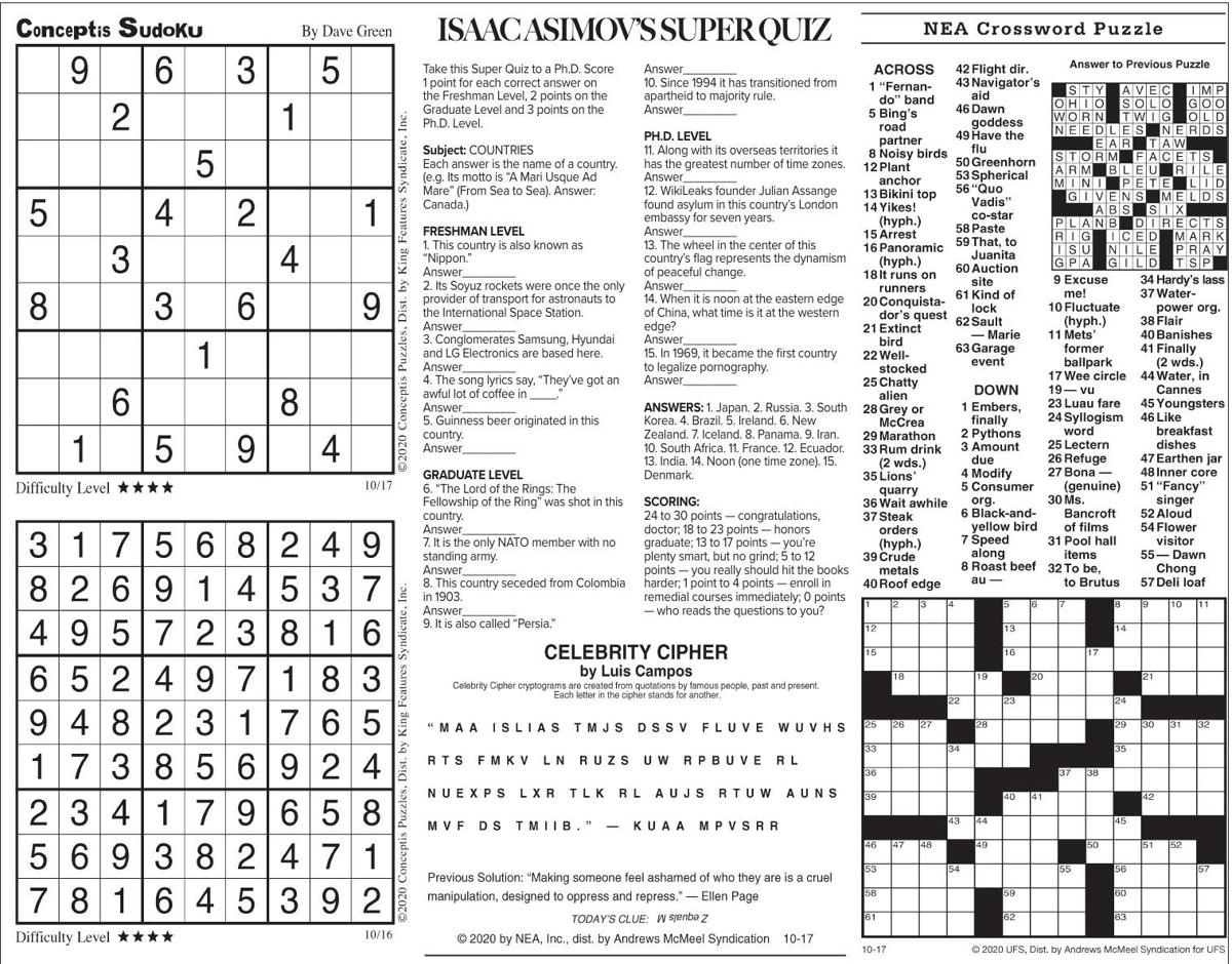 Saturday, Oct. 17, 2020 Comics and Puzzles | Daily Comics | timeswv.com