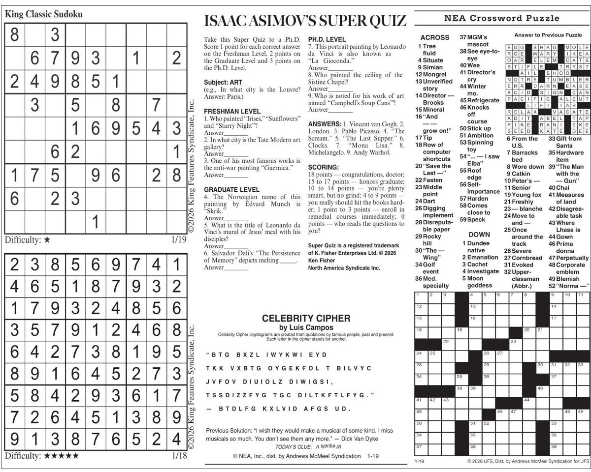 Monday, January 19, 2026 Comics and Puzzles | Daily Comics | timeswv.com