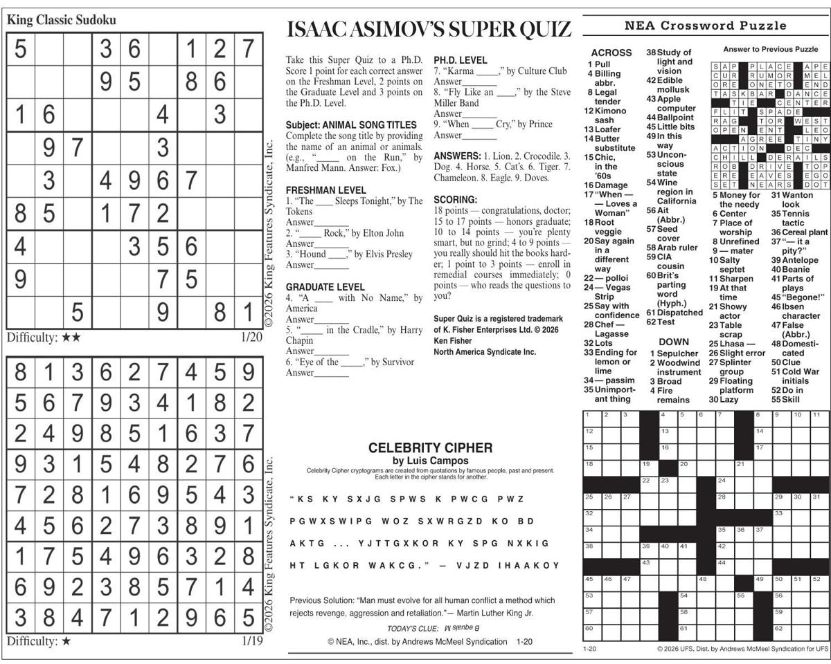 Tuesday, January 20, 2026 Comics and Puzzles | Daily Comics | timeswv.com