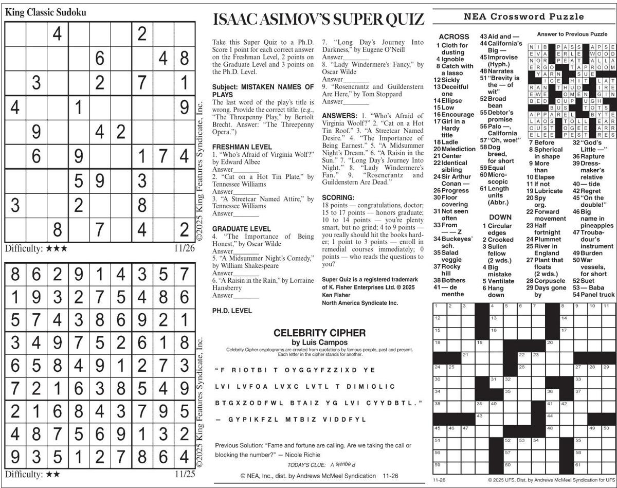 Wednesday, November 26, 2025 Comics and Puzzles | Daily Comics ...