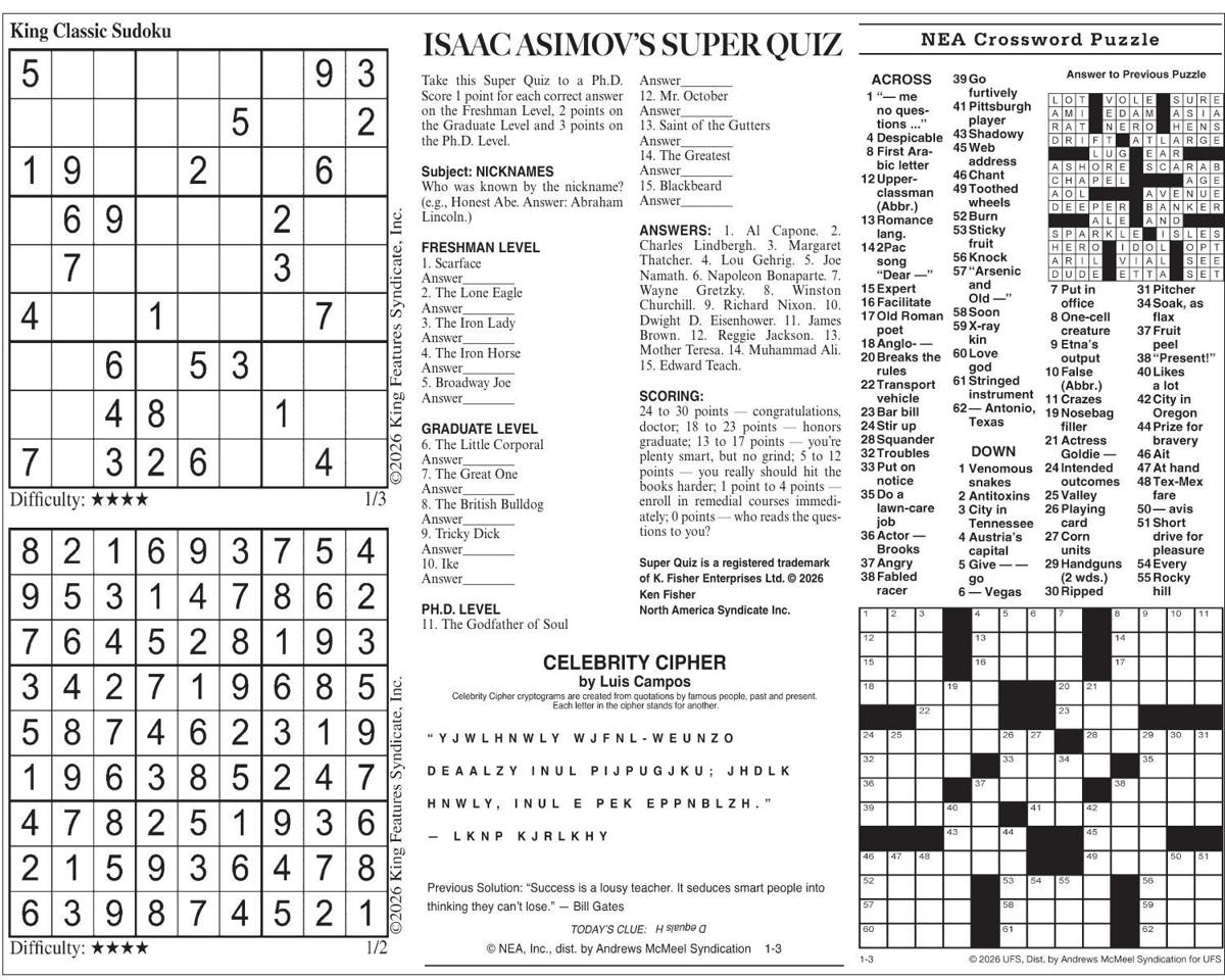 Saturday, January 3, 2026 Comics and Puzzles | Daily Comics | timeswv.com