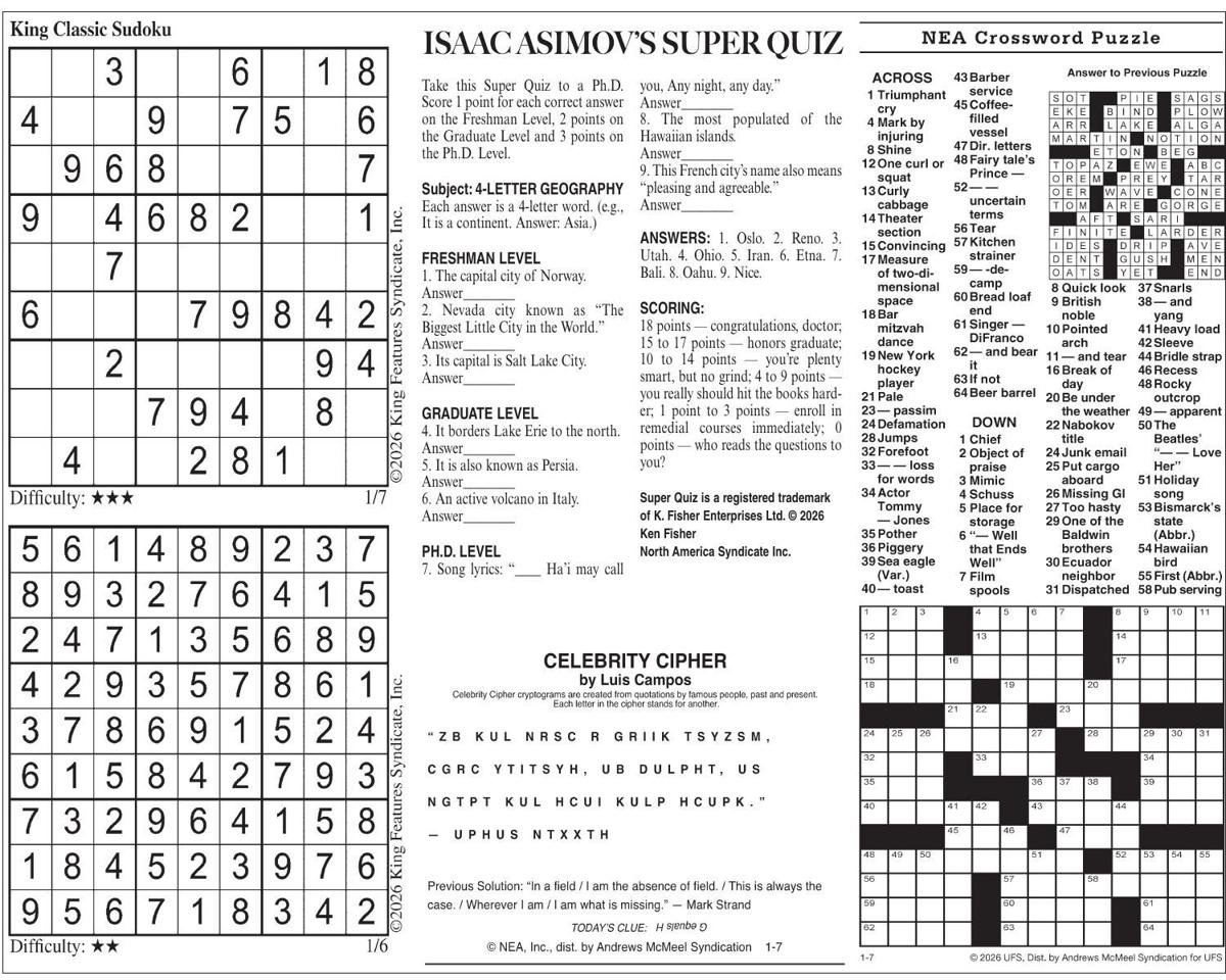 Wednesday, January 7, 2026 Comics and Puzzles | Daily Comics | timeswv.com