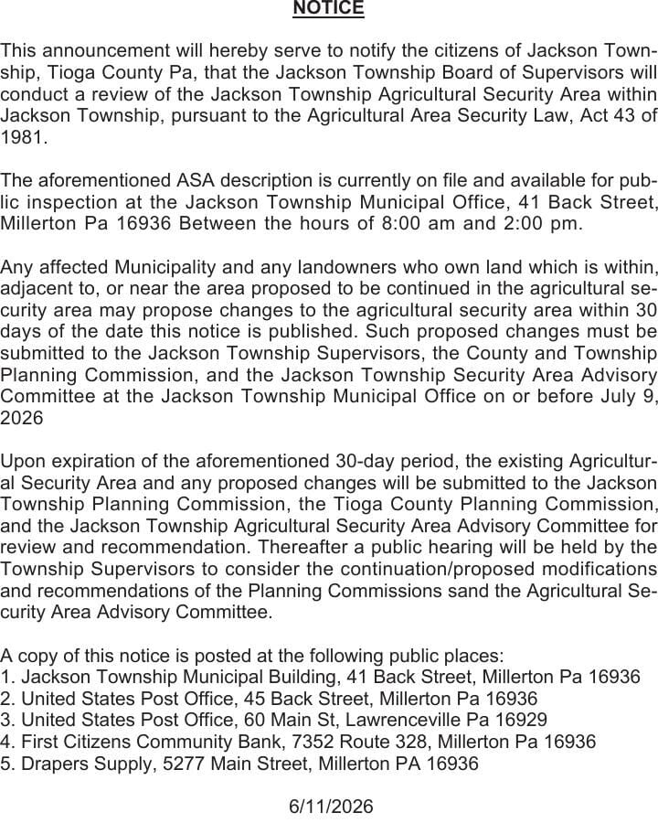 NOTICE REVIEW AG LAW | Legal Announcements | tiogapublishing.com