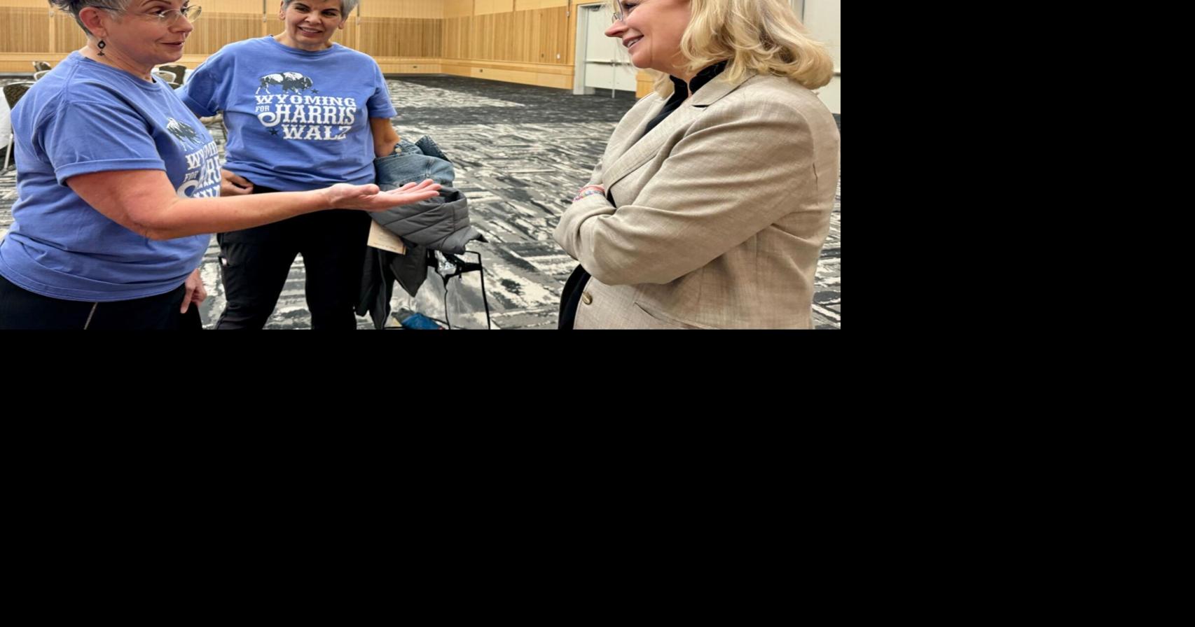 Women gift Liz Cheney Wyoming-made Harris-Walz shirt and cap