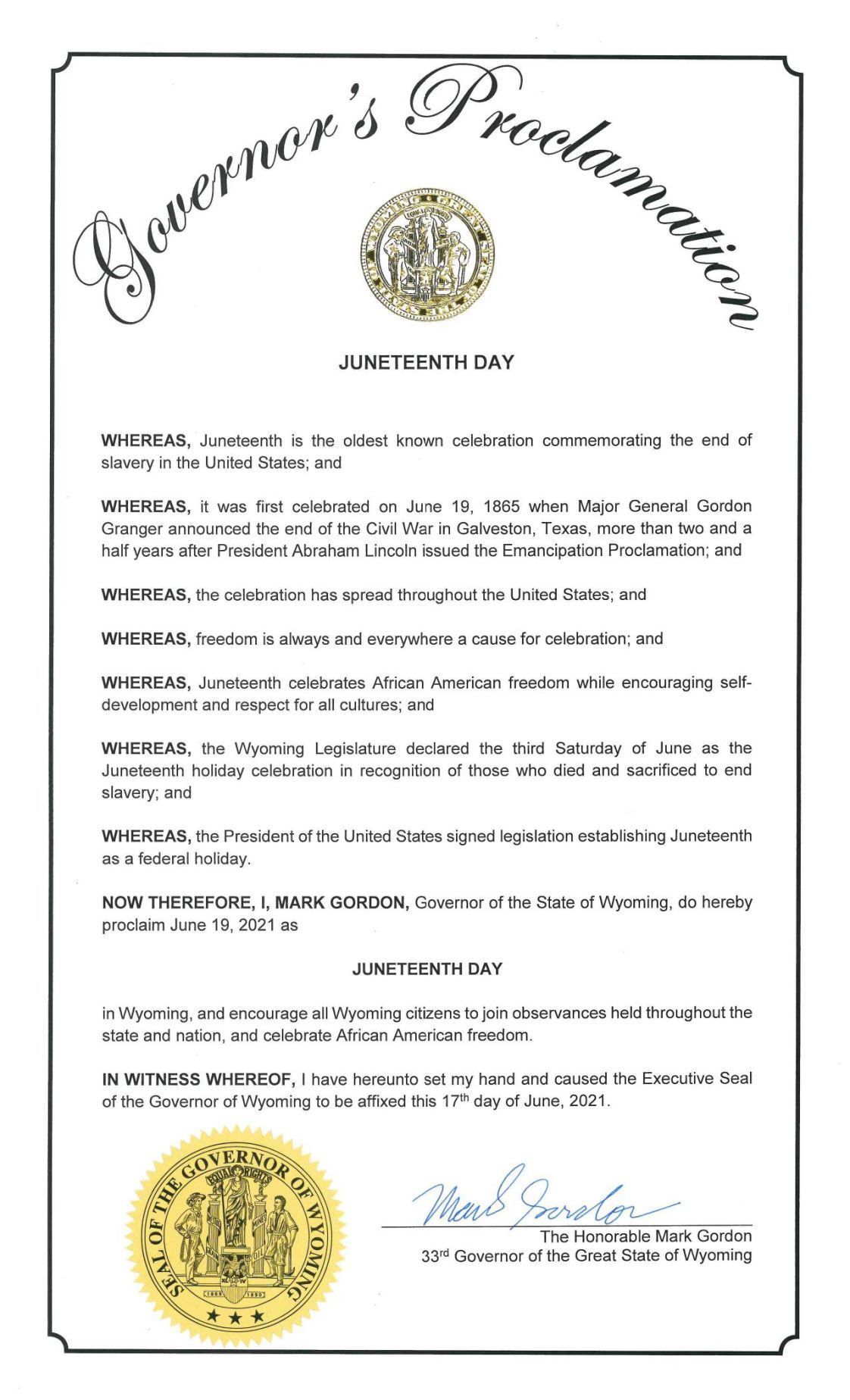 Gov. Gordon signs proclamation recognizing Juneteenth