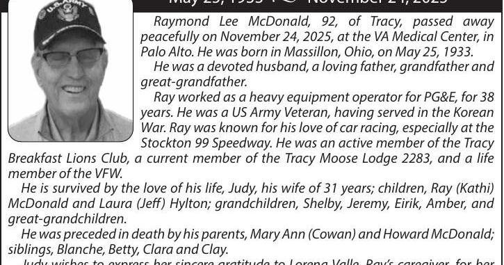 Raymond Lee McDonald | Tracy Press Obituaries | ttownmedia.com
