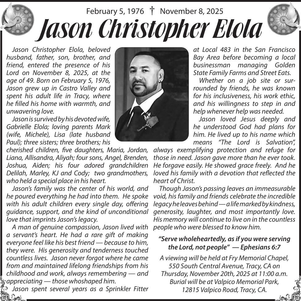 Jason Christopher Elola | Tracy Press Obituaries | ttownmedia.com