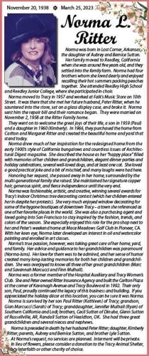 Norma L. Ritter | Tracy Press Obituaries | ttownmedia.com