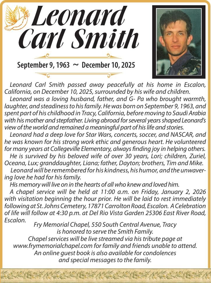Leonard Carl Smith | Tracy Press Obituaries | ttownmedia.com