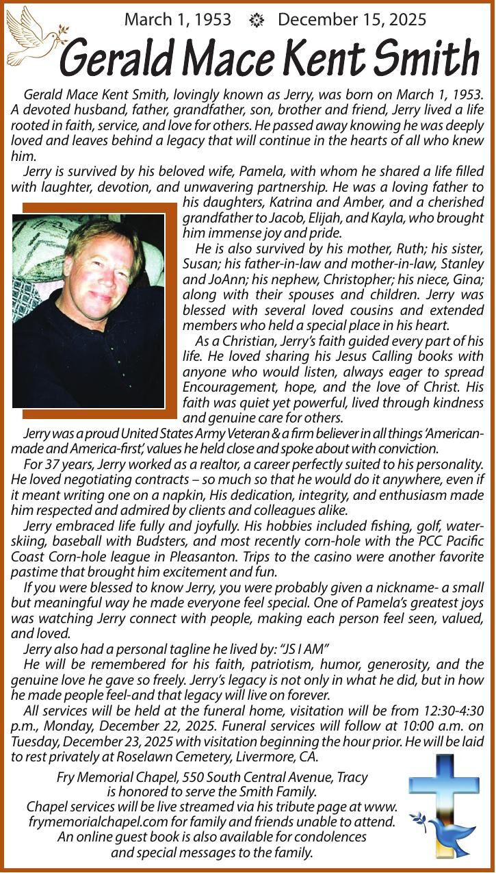 Gerald Mace Kent Smith | Tracy Press Obituaries | ttownmedia.com