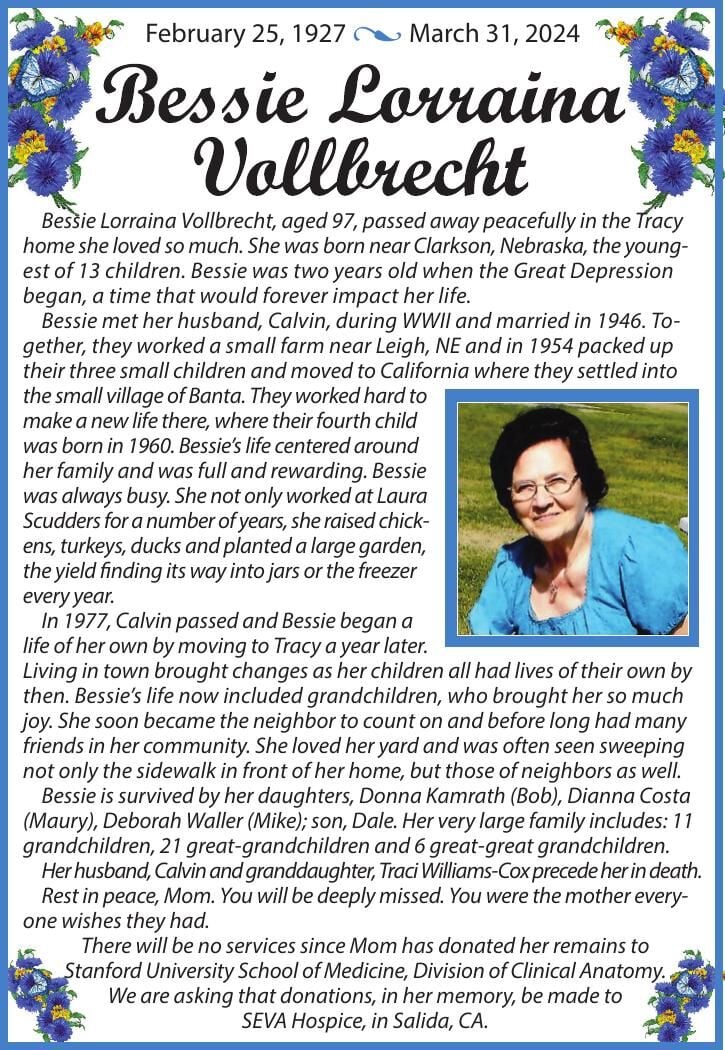 Bessie Lorraina Vollbrecht | Tracy Press Obituaries | ttownmedia.com