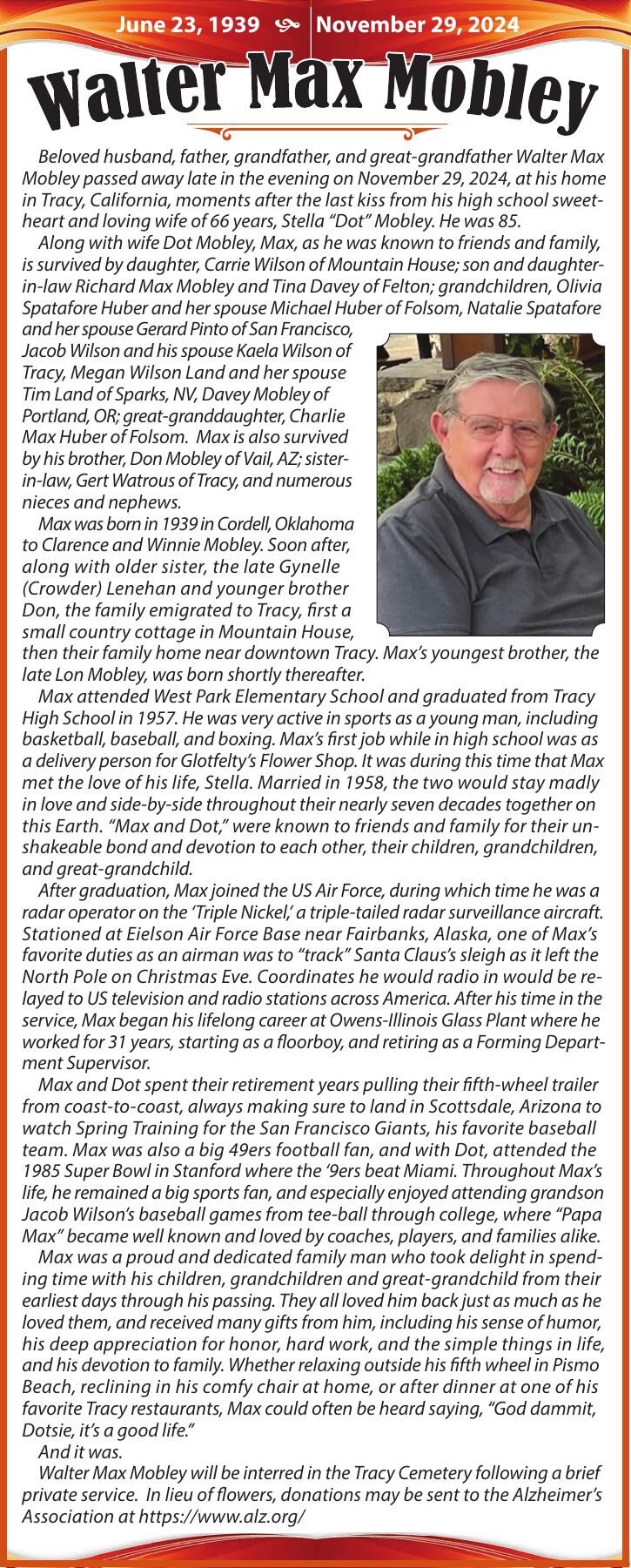 Walter Max Mobley | Tracy Press Obituaries | ttownmedia.com