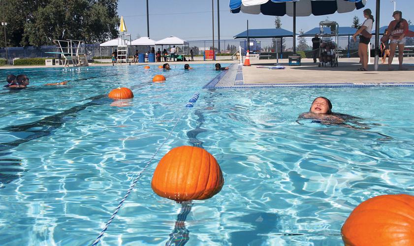 Swimmers dive into floating pumpkin patch at Joe Wilson Pool | Tracy ...