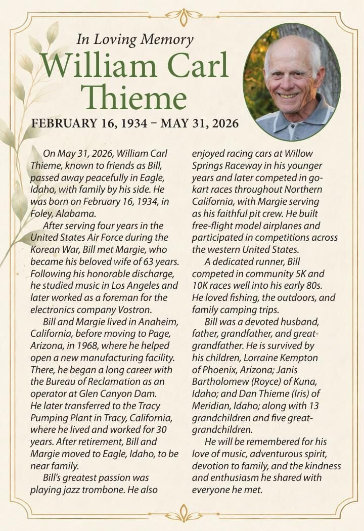 William Carl Thieme | Tracy Press Obituaries | ttownmedia.com